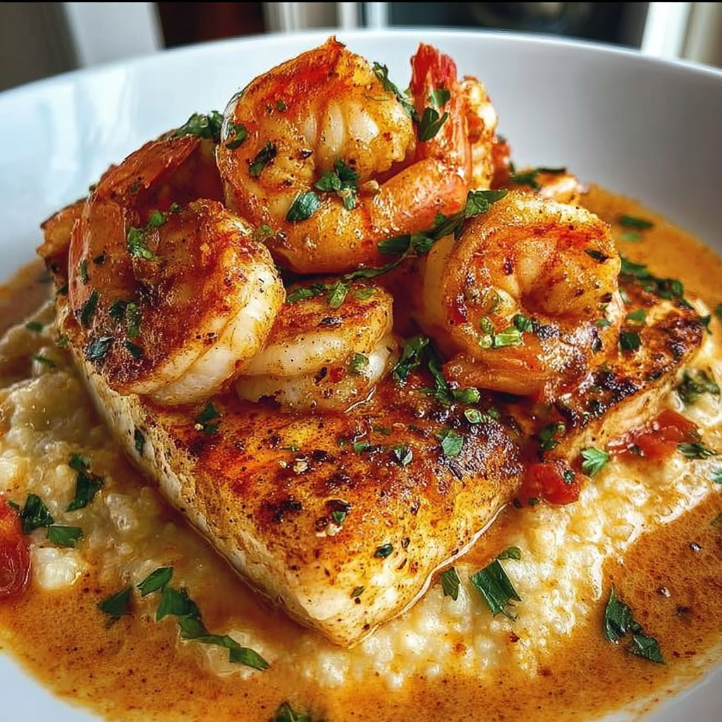 Best Cajun Red Snapper Shrimp with Creamy Cheese Grits in 15 minutes