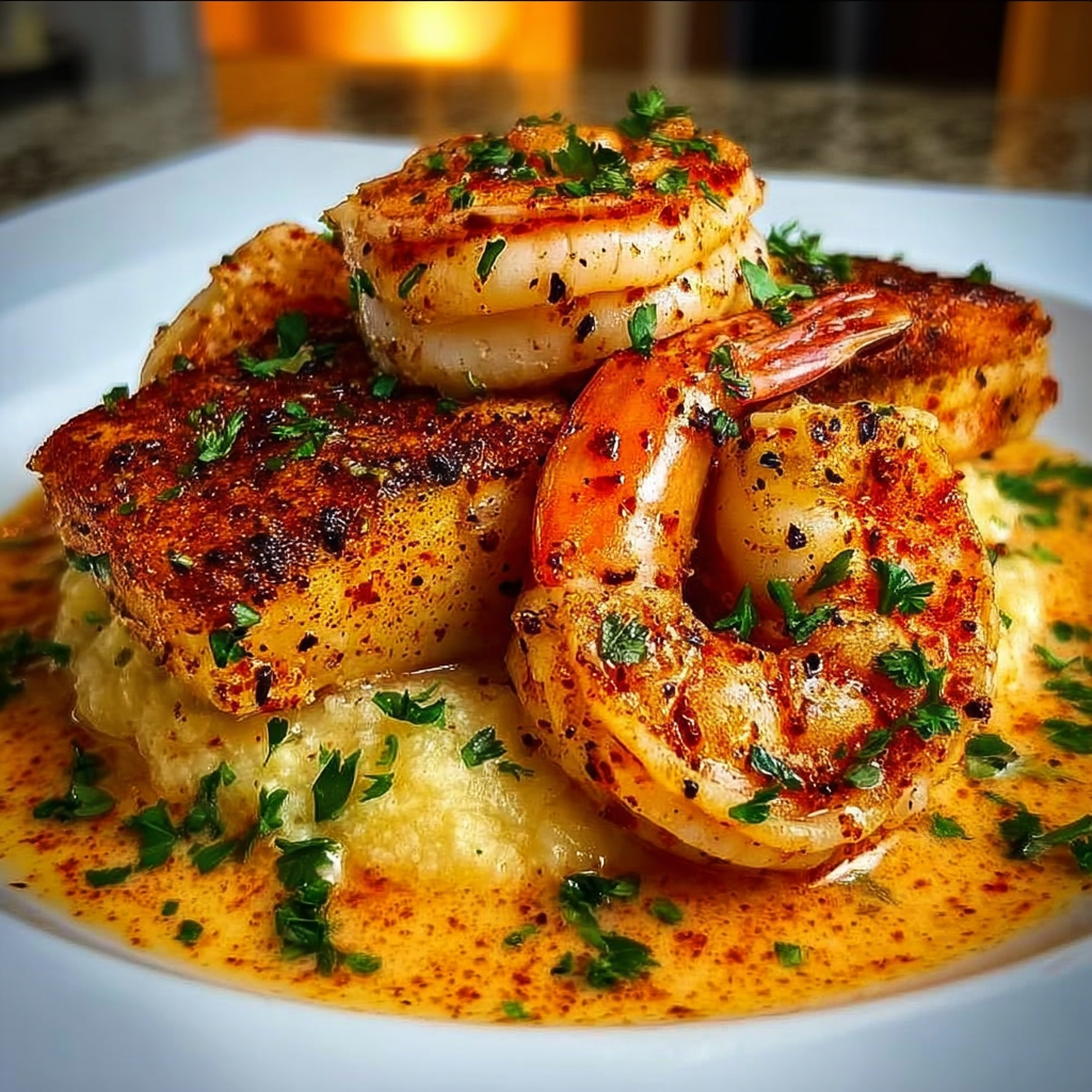 Best Cajun Red Snapper Shrimp with Creamy Cheese Grits in 15 minutes