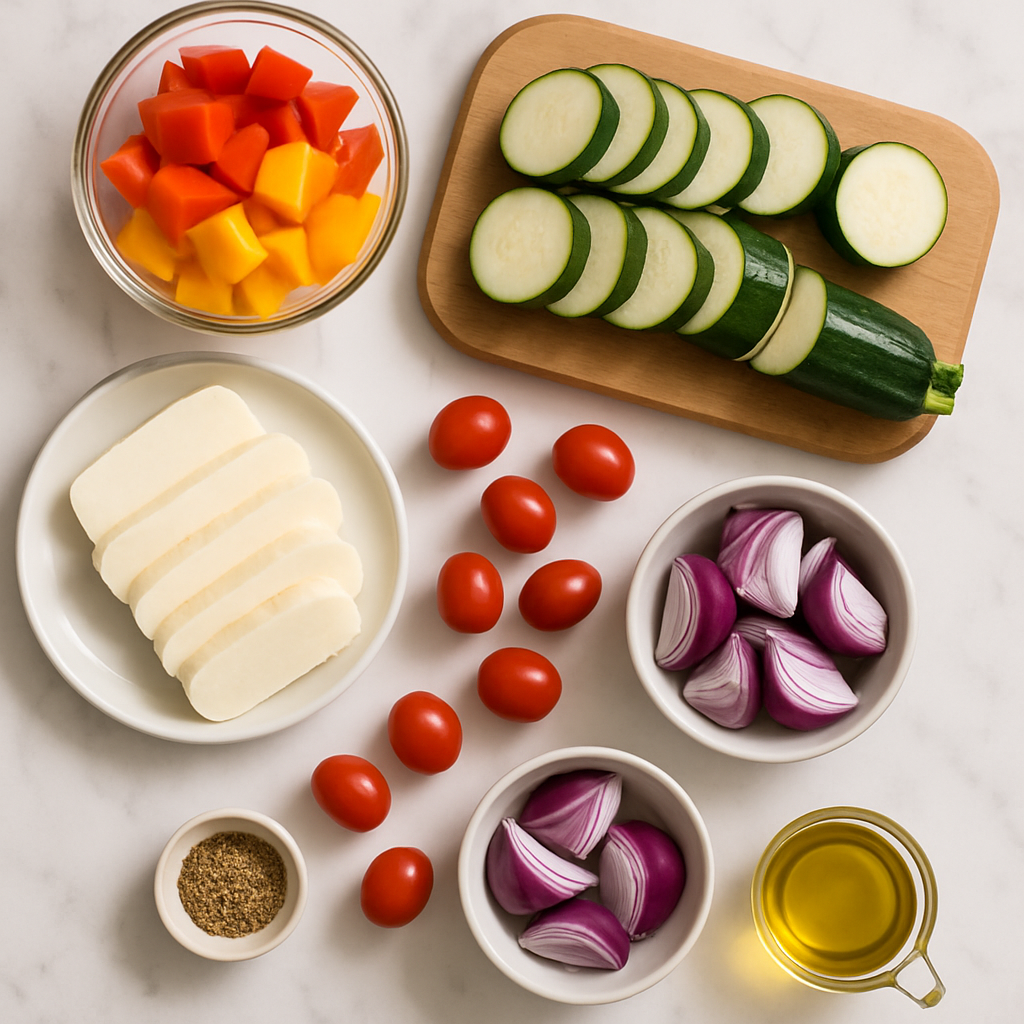 Roasted halloumi vegetable bake amazing Mediterranean recipe